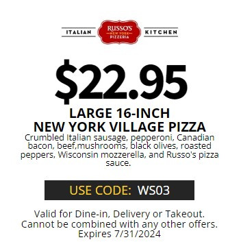 20% Off Russo's New York Pizzeria Coupons, Promo Codes & Deals (Jul 2024)