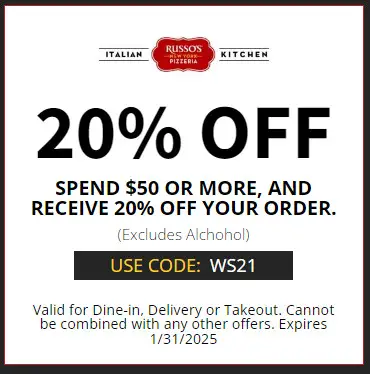 $4 Off Russo's New York Pizzeria Coupons, Promo Codes & Deals (Aug 2024)
